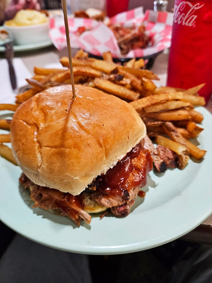 This isn't just a sandwich&mdash;it's an engineering marvel. Tender pulled pork piled high with just enough sauce to enhance without drowning the meat.