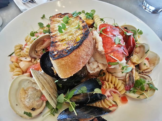 Pasta that's gone swimming with the right crowd&mdash;mussels, clams, and what appears to be lobster having a party on your plate.