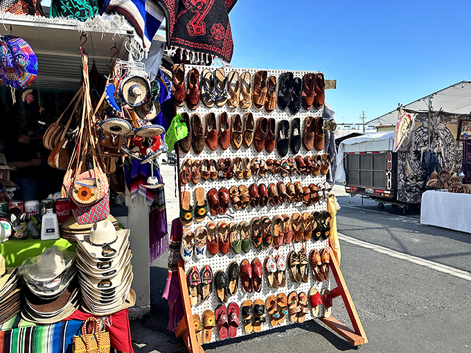Leather sandals and boots create a footwear museum where comfort meets style at bargain basement prices.