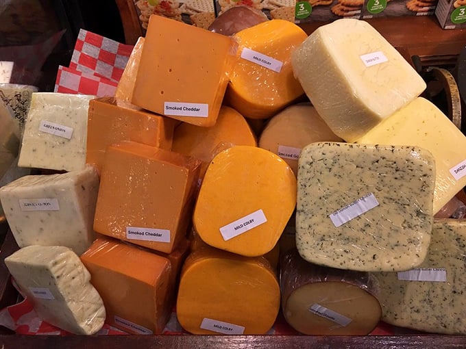 A cheese display that would make Wisconsin nervous. These colorful blocks of smoked cheddar and blue are dairy in its most glorious form.