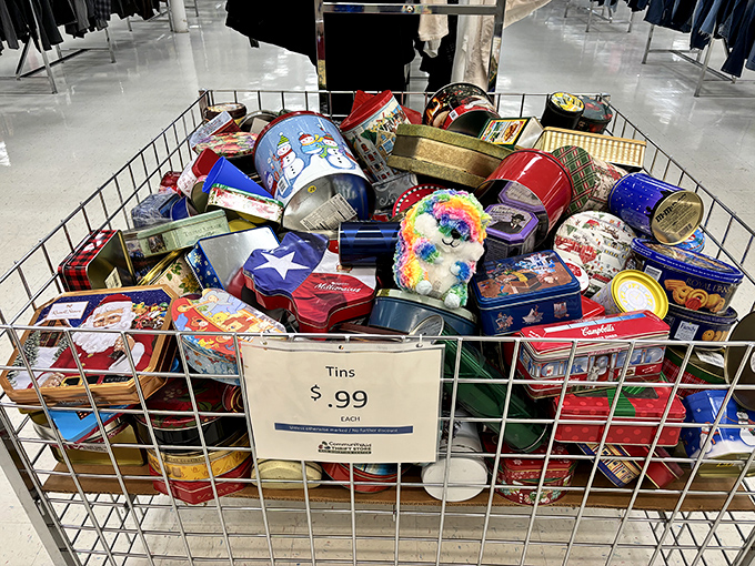 Decorative tins galore! These colorful containers once held holiday cookies and now await creative repurposing in your craft room or kitchen.