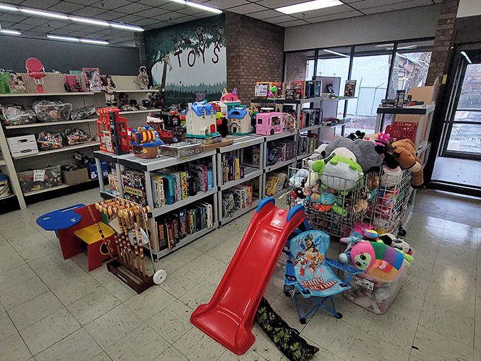 The toy section &ndash; where childhood nostalgia gets a second chance. That red slide has probably hosted more giggling descents than a water park.