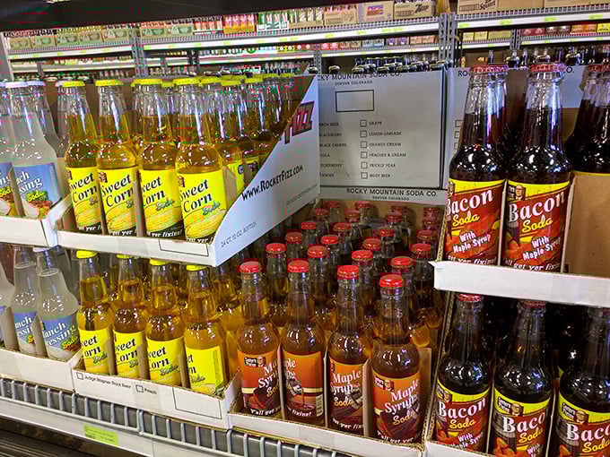 Sweet Corn soda meets Bacon soda in the aisle where conventional beverage wisdom goes to die gloriously.