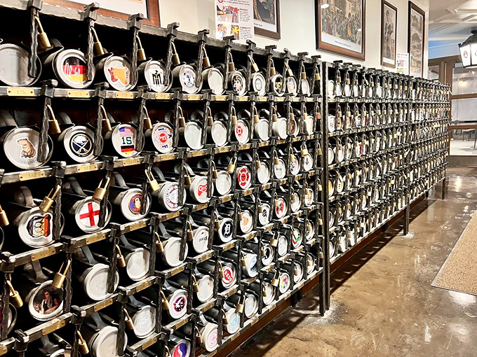 Not just storage&mdash;it's a wall of personal commitment. Regular patrons earn their own stein, waiting faithfully for their return like loyal German shepherds.