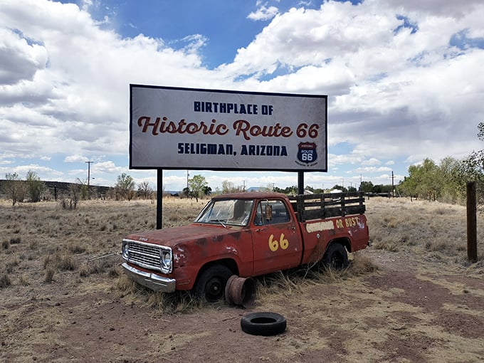 "Birthplace of Historic Route 66" proclaims the sign, while the abandoned truck below seems to say, "Yeah, I've got stories that would make your GPS blush."