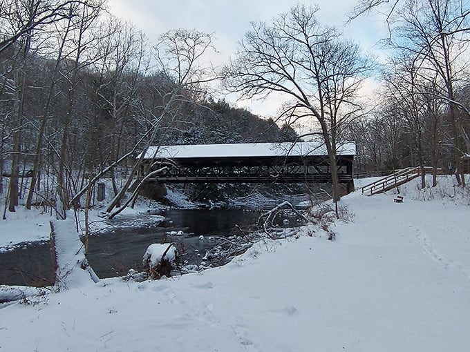 Winter transforms the covered bridge into something from a holiday card. The contrast of dark wood against pristine snow is simply magical.