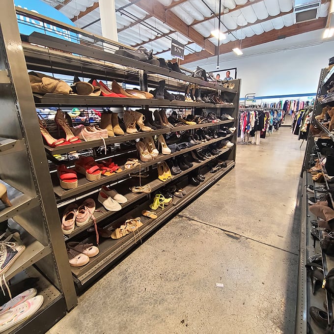 Shoe paradise stretches into the distance, where designer heels mingle democratically with everyday flats. Cinderella would have a field day in this aisle.