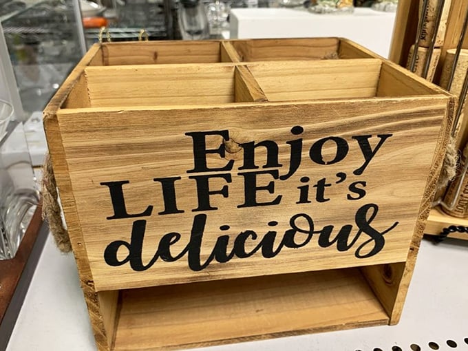 A wooden crate with life advice &ndash; because sometimes wisdom comes from the most unexpected places.