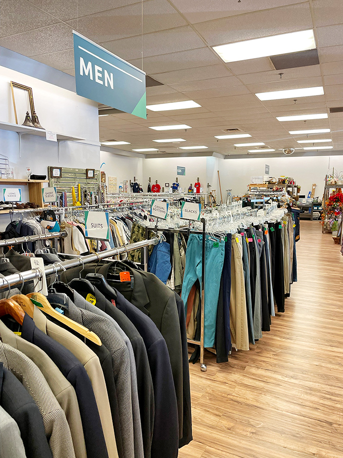 The men's department: where business suits mingle with casual wear in a judgment-free zone. Your wallet's new best friend.