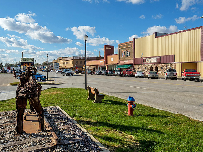 Creston's impressive brick buildings stand as testaments to small-town prosperity. That corner structure has more architectural details than a Victorian dollhouse!