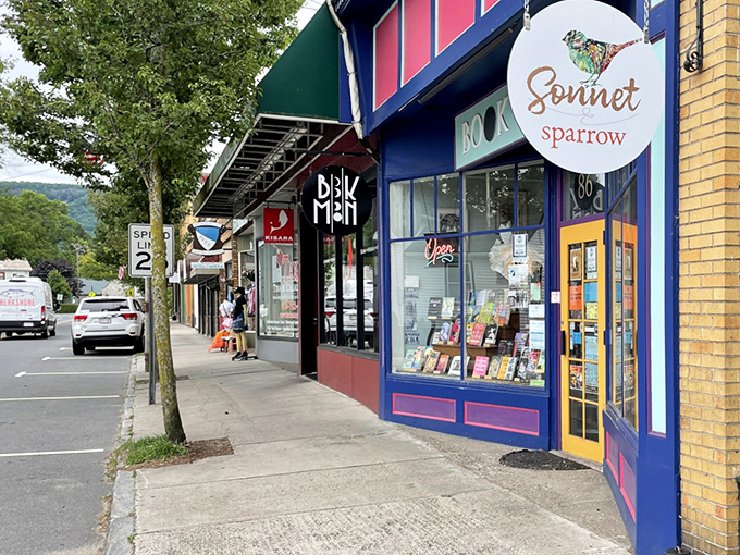 Easthampton's colorful storefronts and bookshops create a vibrant downtown where culture thrives without breaking the bank.