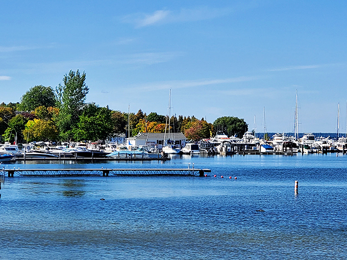 The marina at Fish Creek is where boats gather to gossip about which one got the best wax job before the summer season.