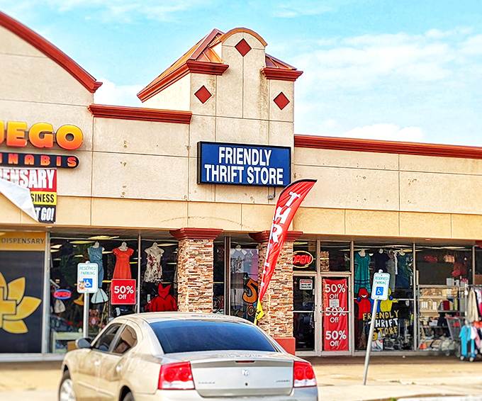 Friendly Thrift Store's straightforward signage makes a bold promise that the shopping experience inside delivers.