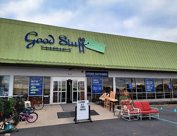 The bright yellow exterior of Good Stuff Thrift promises exactly what the name suggests&mdash;good stuff waiting to be discovered inside! 