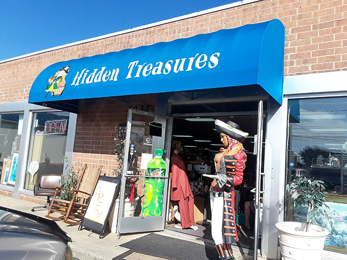 Hidden Treasures lives up to its name with that bright blue awning marking the entrance to Charlotte's consignment wonderland. 
