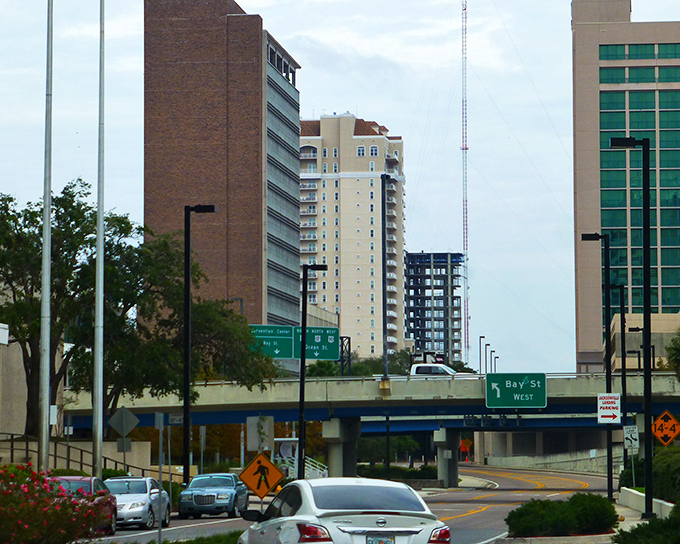 Jacksonville's urban landscape blends modern towers with historic buildings in a skyline that's constantly evolving.