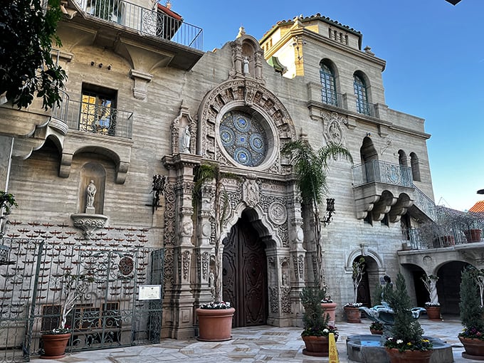 Architectural extravaganza! The Mission Inn's elaborate facade showcases Spanish Colonial Revival style at its most ambitious.