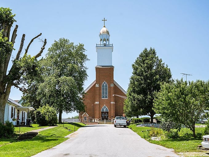 A stately brick church watches over the town square as a horse and buggy passes &ndash; Sunday transportation hasn't changed in centuries.