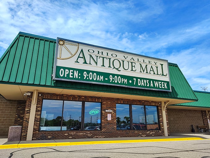 Ohio Valley Antique Mall's green-roofed entrance promises a day-long adventure through yesteryear's treasures.