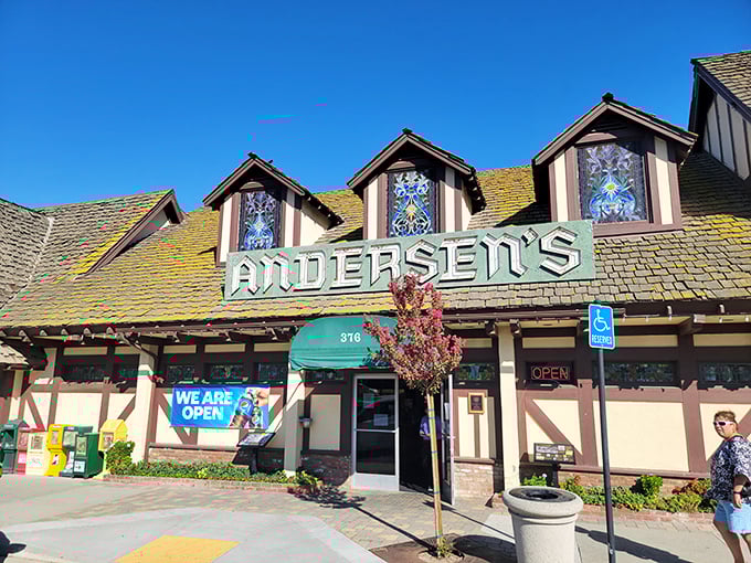 Danish-style architecture and stained glass windows make this roadside stop feel like a European village dropped into California wine country.