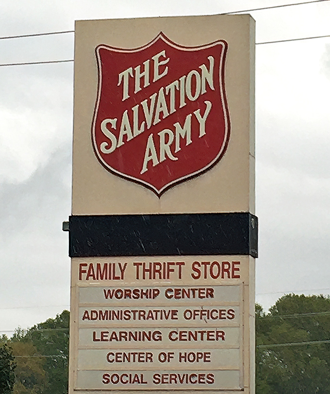 The iconic red shield of Salvation Army stands as a promise&mdash;your shopping dollars here help others while you help yourself to bargains.