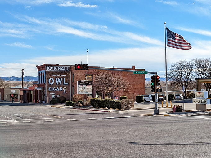 Socorro's historic plaza showcases the town's Spanish colonial roots with adobe buildings and traditional southwestern architecture bathed in golden sunlight.