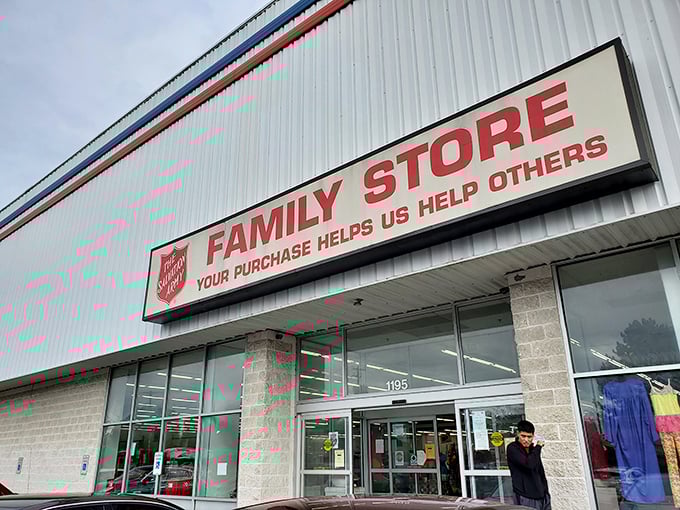 The Salvation Army's iconic red sign promises a wonderland of affordable treasures inside this unassuming building.