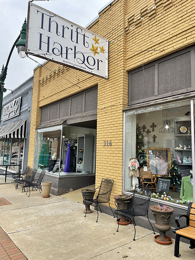 Thrift Harbor's charming yellow brick exterior belongs on a postcard. Those sidewalk seats invite you to rest after successful treasure hunting.