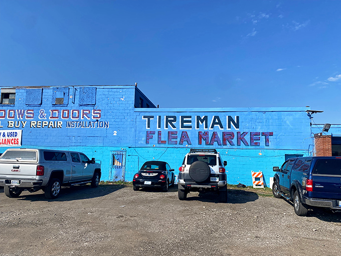 Tireman Flea Market: That electric blue building isn't just a color choice&mdash;it's a mood. Detroit's urban treasure chest awaits!