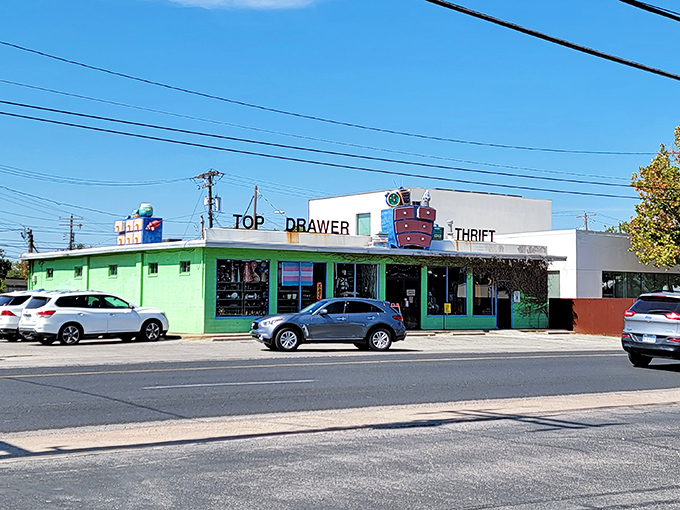 Top Drawer's playful green exterior and rooftop dresser sculpture announce: "This isn't your grandmother's thrift store" (though she'd love it too).