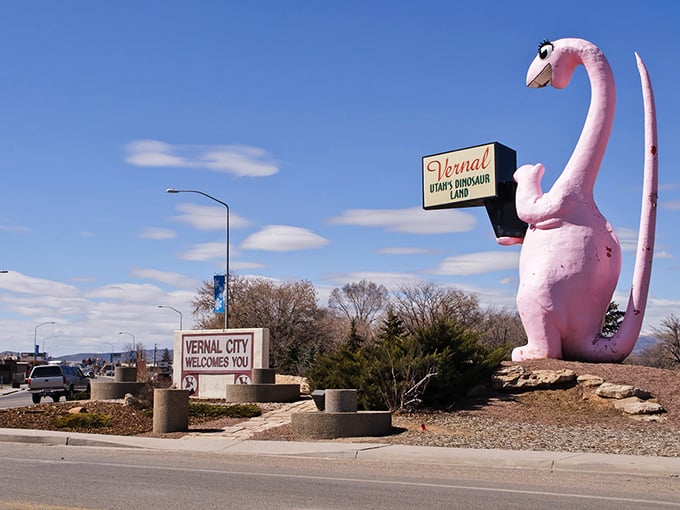 Vernal's famous pink dinosaur greets visitors with prehistoric charm, much like the prehistoric prices of local real estate.