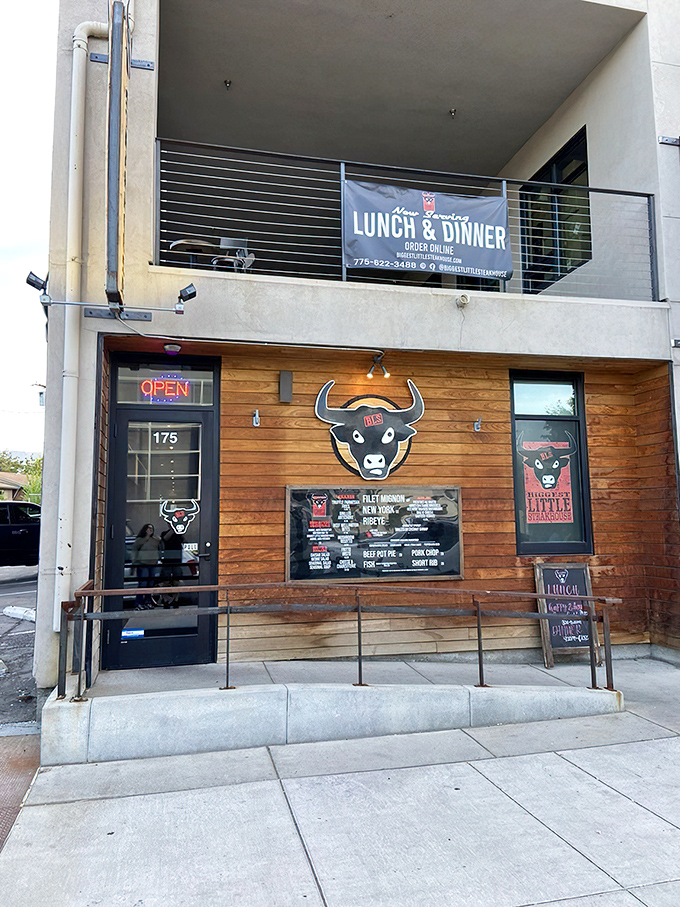 Modern meets traditional at Biggest Little Steakhouse, where the straightforward exterior hints at the straightforward approach to great steak inside.