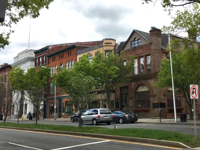 The view across Danbury's city center reveals a mix of architectural styles spanning the city's long history.