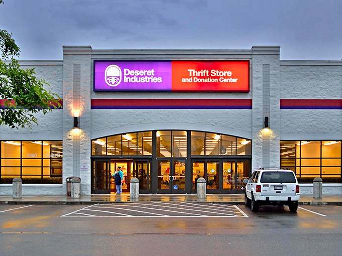 When the sun sets, Deseret Industries' illuminated entrance glows like a beacon for night-owl bargain hunters.