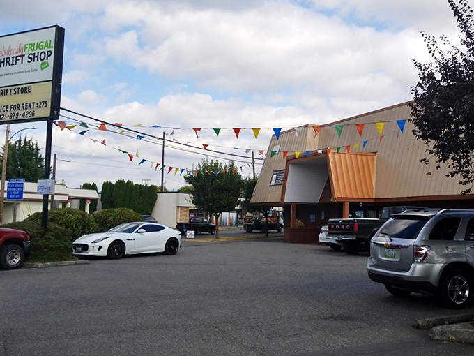 The most charming A-frame entrance in thrifting! Fabulously Frugal welcomes shoppers with colorful pennants and affordable promises.