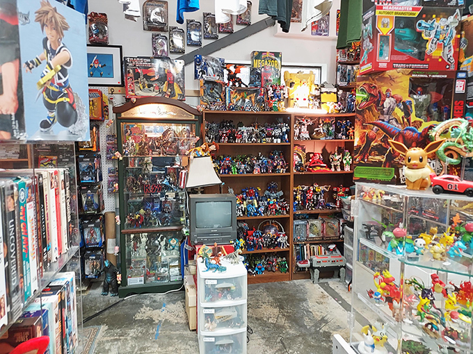 Collector's corner! Every shelf in this packed shop holds potential treasures for those patient enough to look closely.