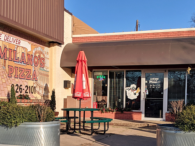 Milano's Pizza: "Garden seating for pizza contemplation. Those picnic tables have hosted countless happy Texas pizza moments!"