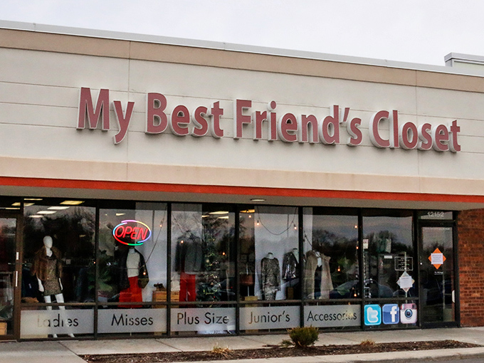 The full storefront of My Best Friend's Closet with its clear window categories. "Plus Size" and "Juniors" signs help shoppers navigate efficiently.