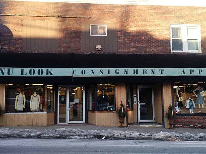The classic brick storefront of Nu Look houses fashion treasures. Window displays offer just a hint of the style inside!