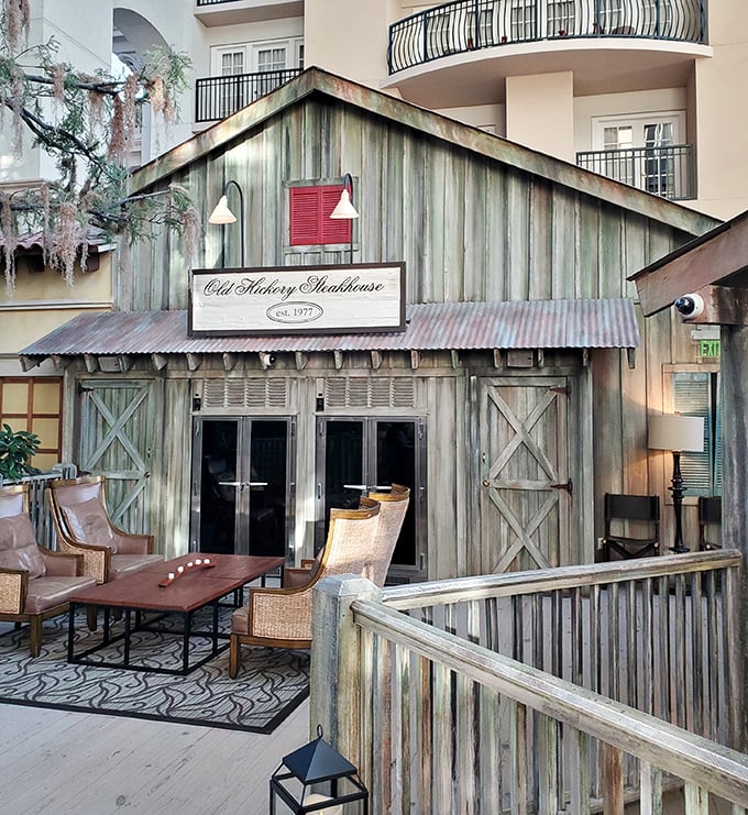 Weathered wood and comfortable seating create the perfect backdrop for beef-centered memories at this charming hideaway.