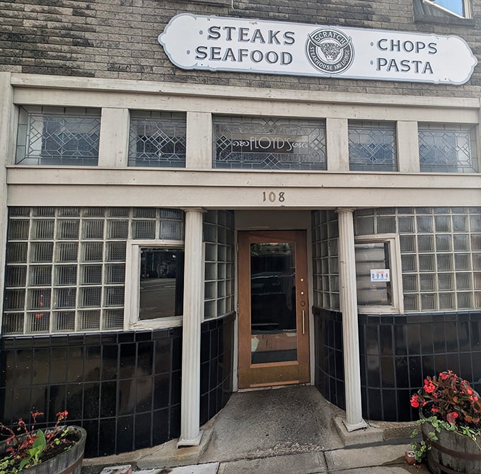 Scratch Steakhouse And Lounge: Glass blocks and brick exterior&mdash;like finding your favorite album remastered. The classics never go out of style, especially when they involve steak.