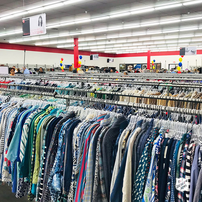 Rows upon rows of carefully organized clothing make the Salvation Army a bargain hunter's dream come true.