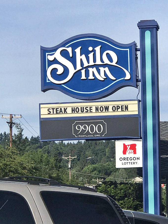 The Shilo Inn sign announces The Steakhouse at 9900, where classic steakhouse traditions are alive, well, and deliciously tender.