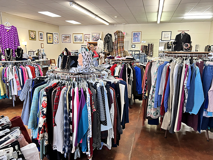 Thrift store or fashion library? These circular racks organize treasures with the precision of a vintage clothing archivist.