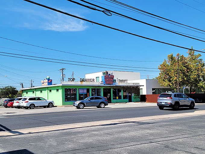 The quirky building houses carefully curated secondhand treasures. That green facade is as refreshing as the deals inside.