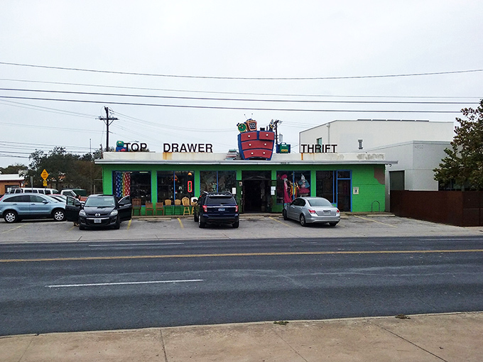 The whimsical storefront with its dresser-topped roof is Austin's way of saying "Keep thrifting weird" while keeping your wallet happy.