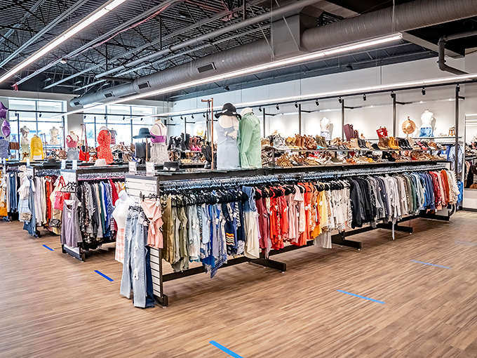 Modern lighting showcases carefully curated clothing collections. This isn't grandma's thrift store&mdash;it's resale with attitude!