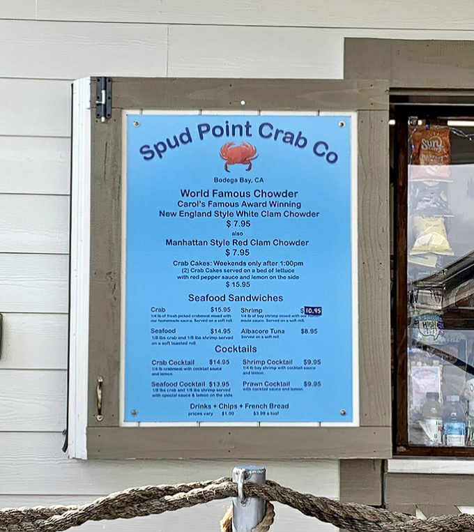 The blue menu board &ndash; a siren song of seafood delights. Carol's award-winning chowder sits at the top for good reason.