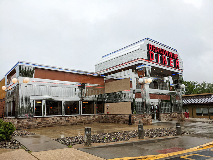 The gleaming chrome exterior of Brandywine Diner shines like a beacon of breakfast hope, even on cloudy Delaware mornings.