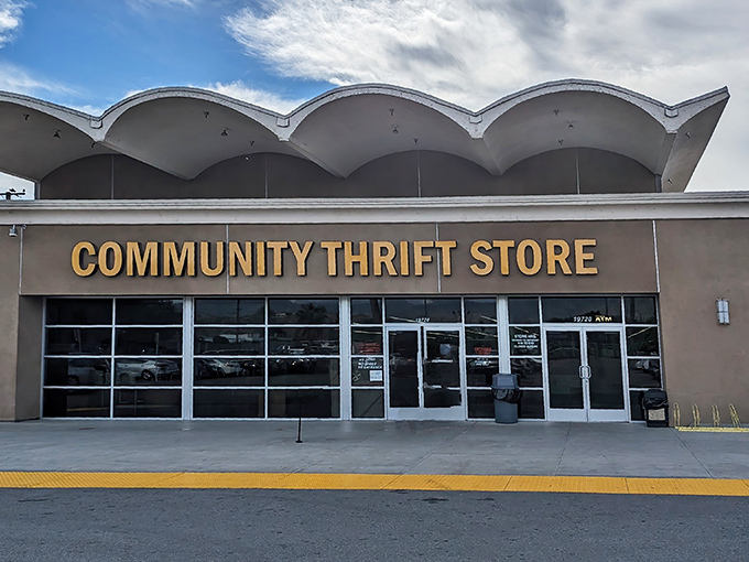 The distinctive wavy roofline makes this thrift paradise unmistakable. Like a mid-century modern spaceship that landed with cargo holds full of bargains.